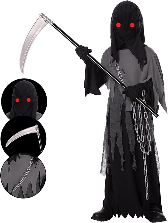 Grim Reaper Costume for Kids,Phantom Halloween Costume with Red Glowing ...
