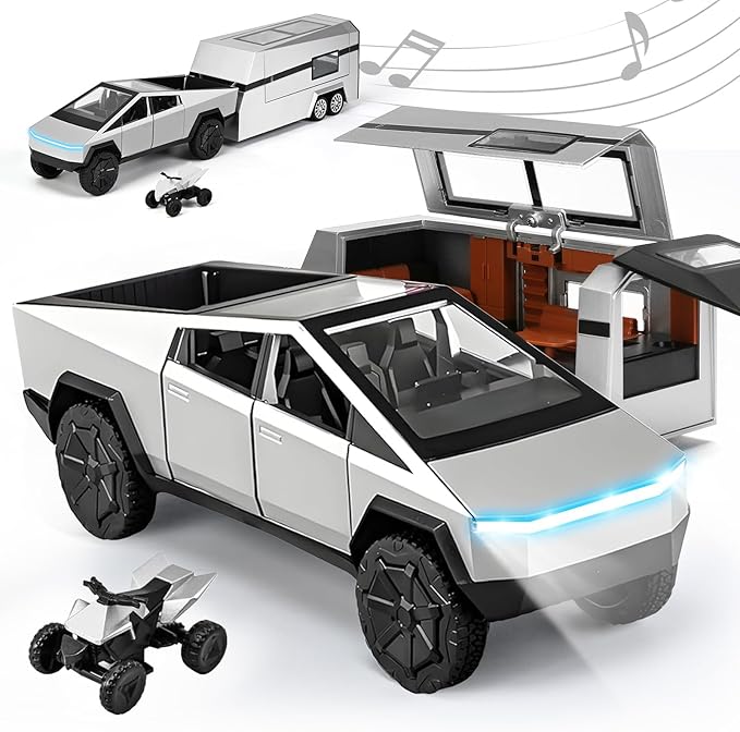 Cybertruck Toy with RV & Motorcycle, 3-in-1 Alloy Diecast Pull-Back ...